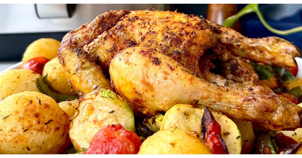 Rețetă Pui coquelet cu legume și cartofi cu mărar și usturoi la ...